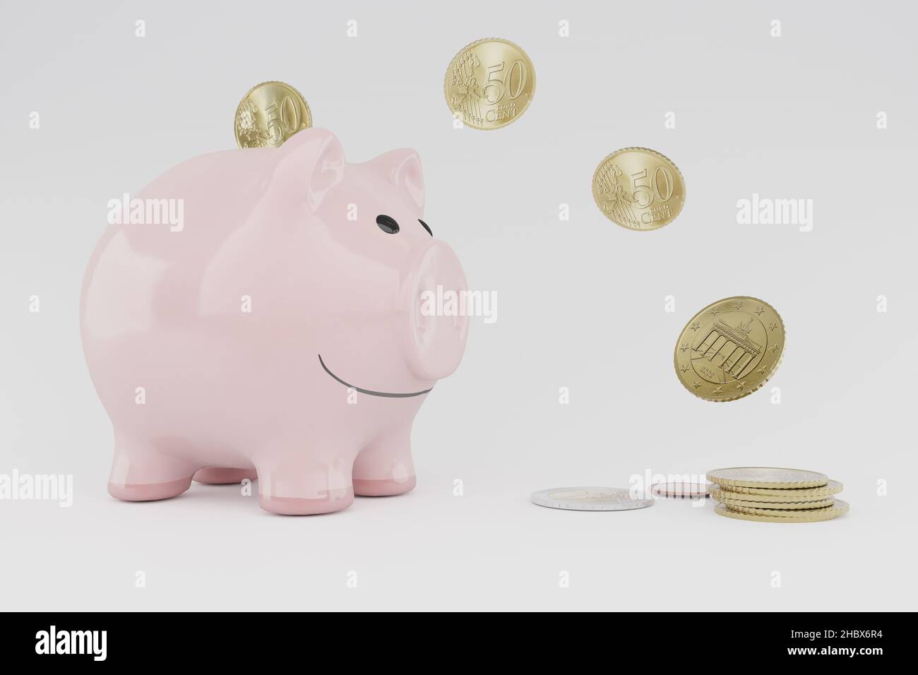 cgi render image of piggy bank and coins flying into the piggy bank ...