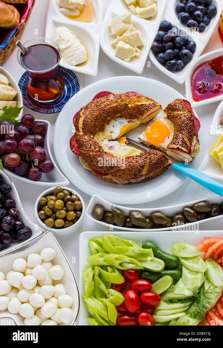 Traditional Turkish Breakfast with Turkish Bagel,simit,olives and tea ...