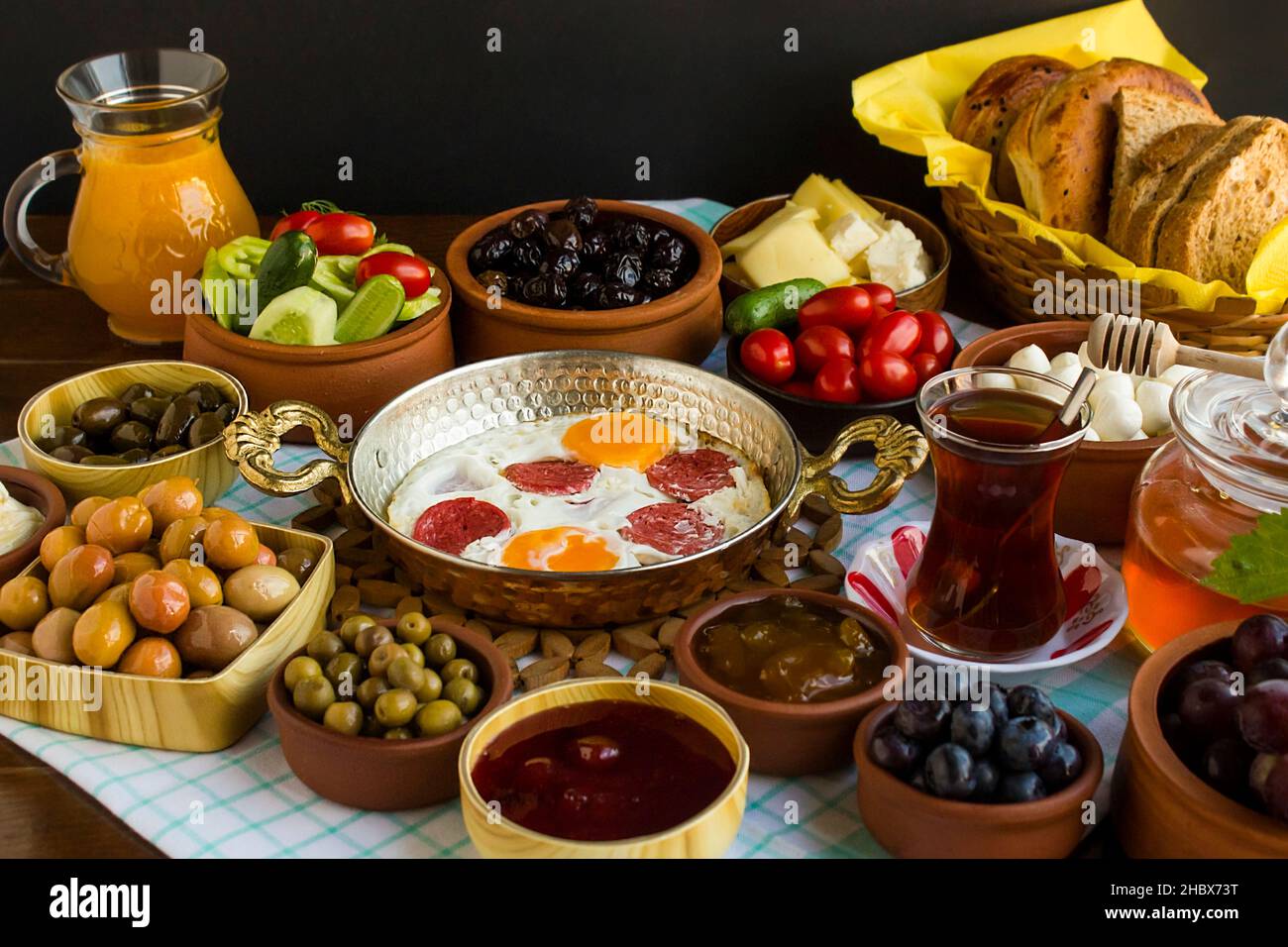 Fresh Traditional Turkish Village Breakfast on the wooden table with ...