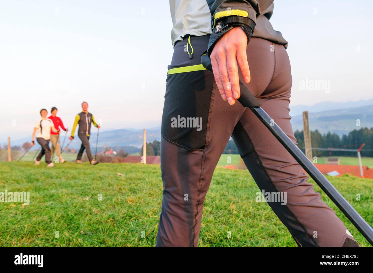 People doing relaxed Nordic Walking session at late afternoon Stock ...