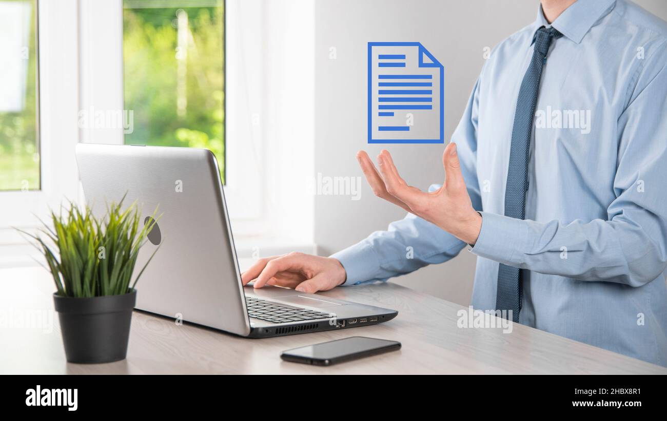 Businessman man holding a document icon in his hand Document Management ...