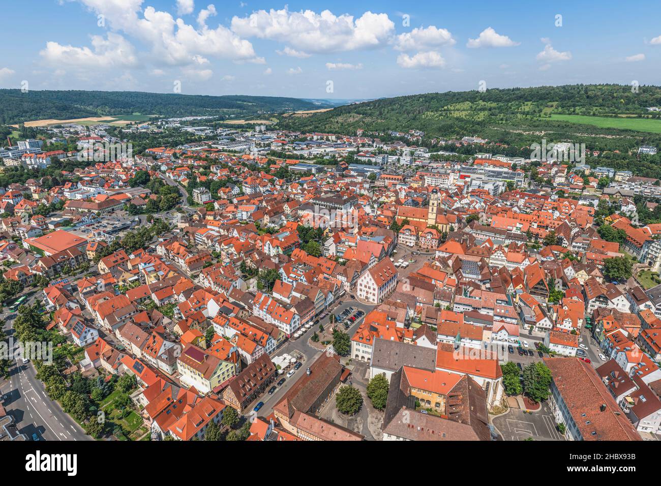 Aerial view to region of Bad Mergentheim in the beautiful Tauber valley ...