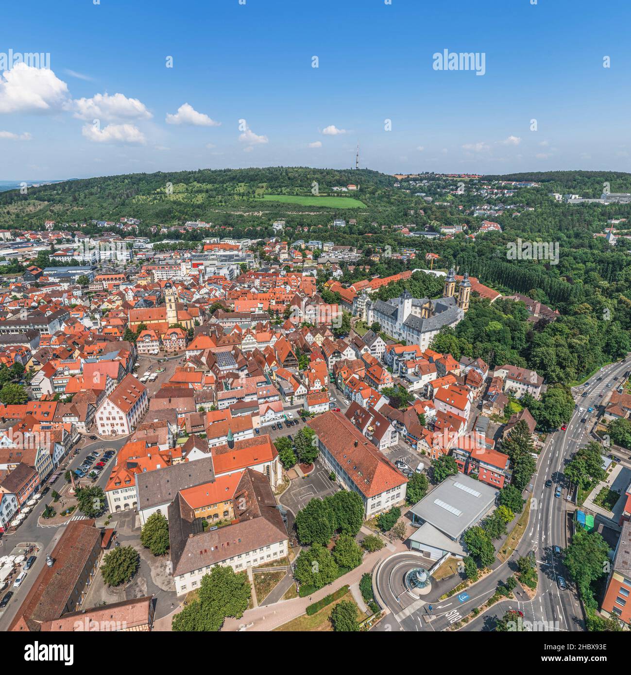 Aerial view to region of Bad Mergentheim in the beautiful Tauber valley ...