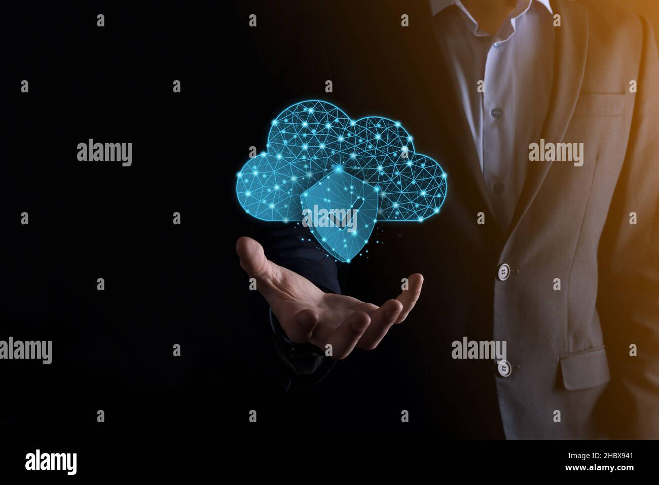 Cloud technology. Polygonal wireframe cloud storage sign with shield ...