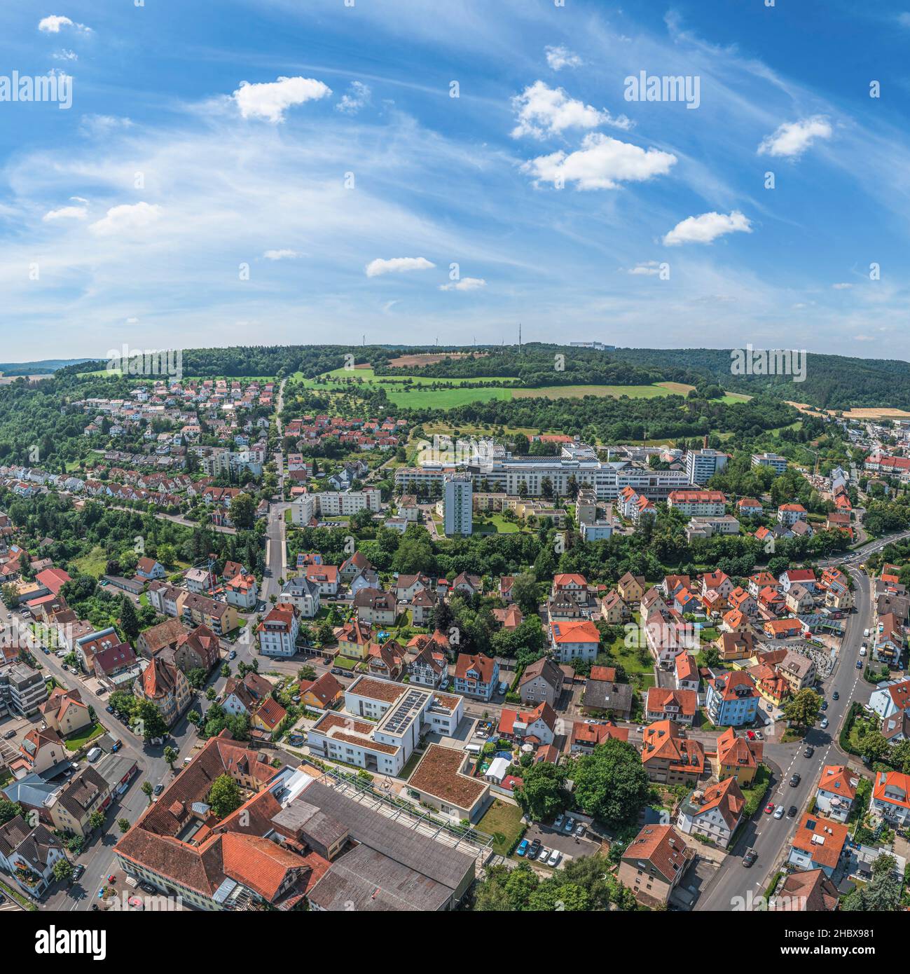 Aerial view to region of Bad Mergentheim in the beautiful Tauber valley ...