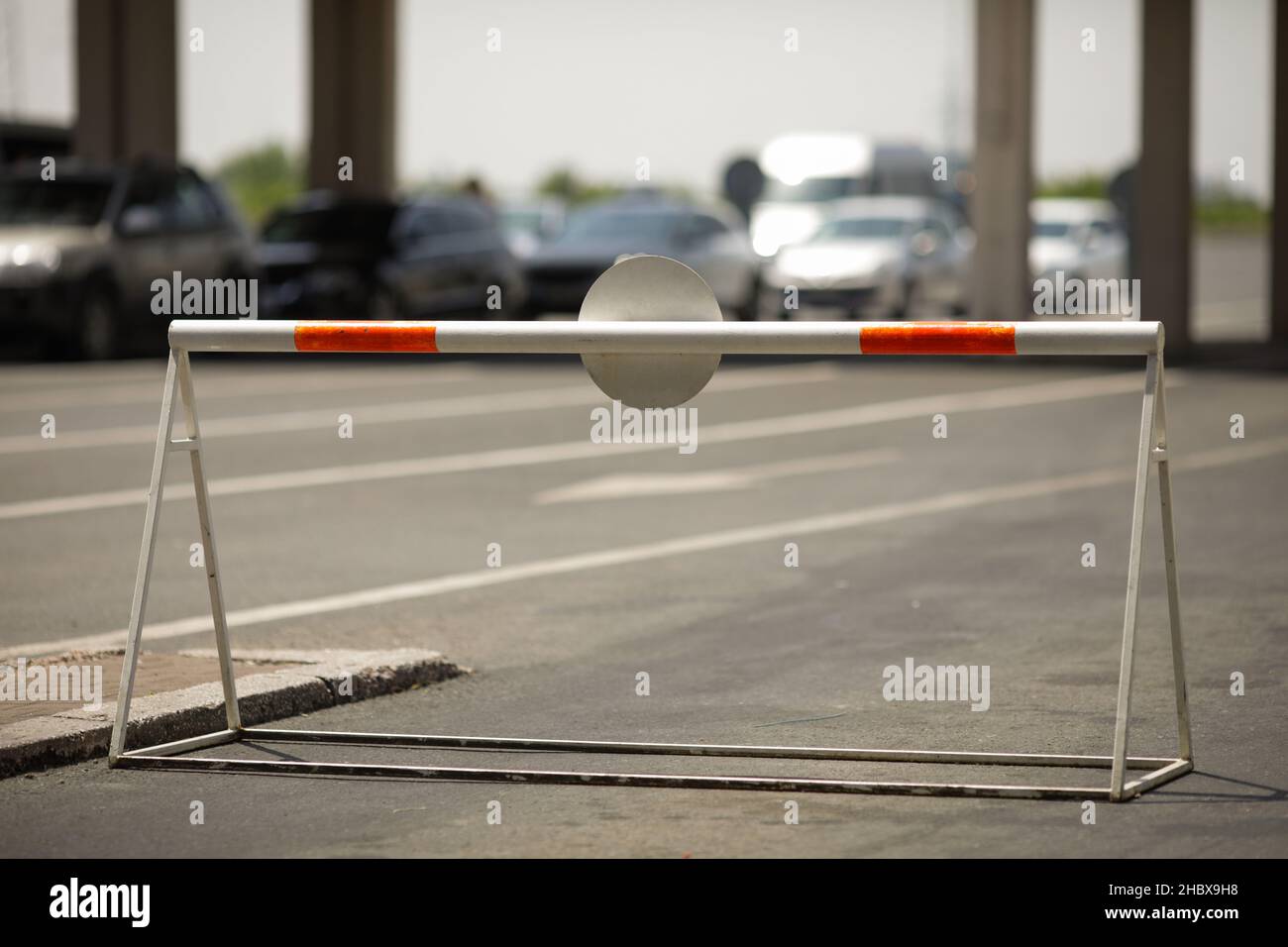 Road barrier for cars at a land border checkpoint zone between Romania ...
