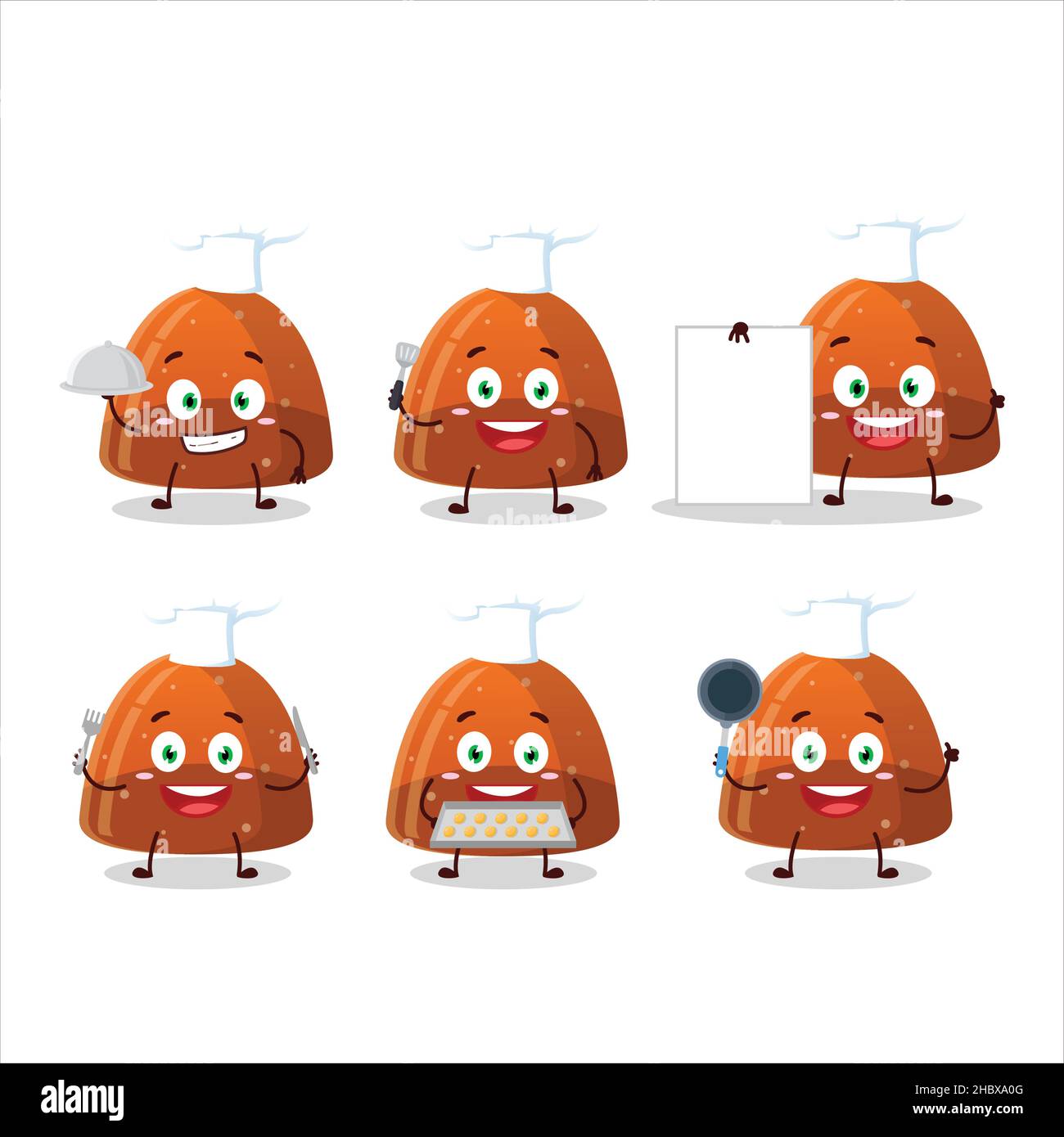Cartoon character of orange jelly gummy candy with various chef ...