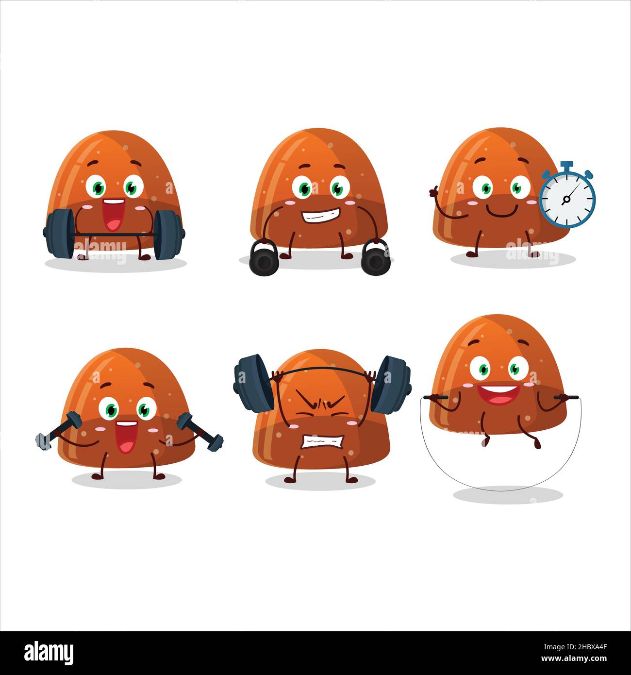 A healthy orange jelly gummy candy cartoon style trying some tools on ...