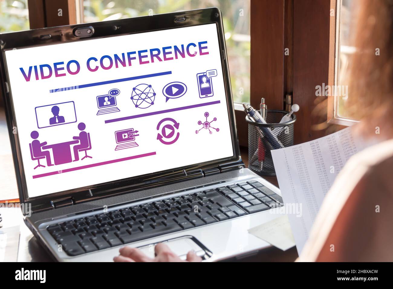 Laptop screen showing video conference concept Stock Photo - Alamy
