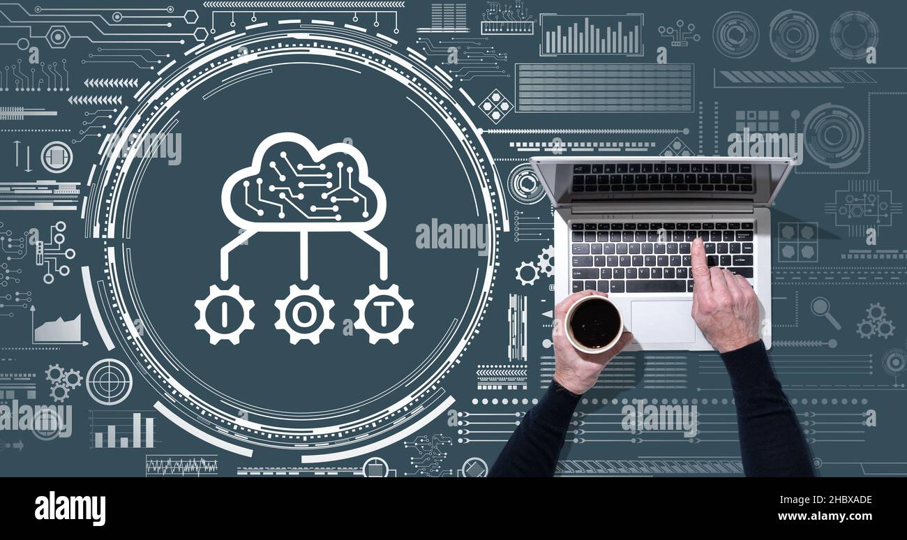 Top view of hands using laptop with symbol of iot concept Stock Photo ...