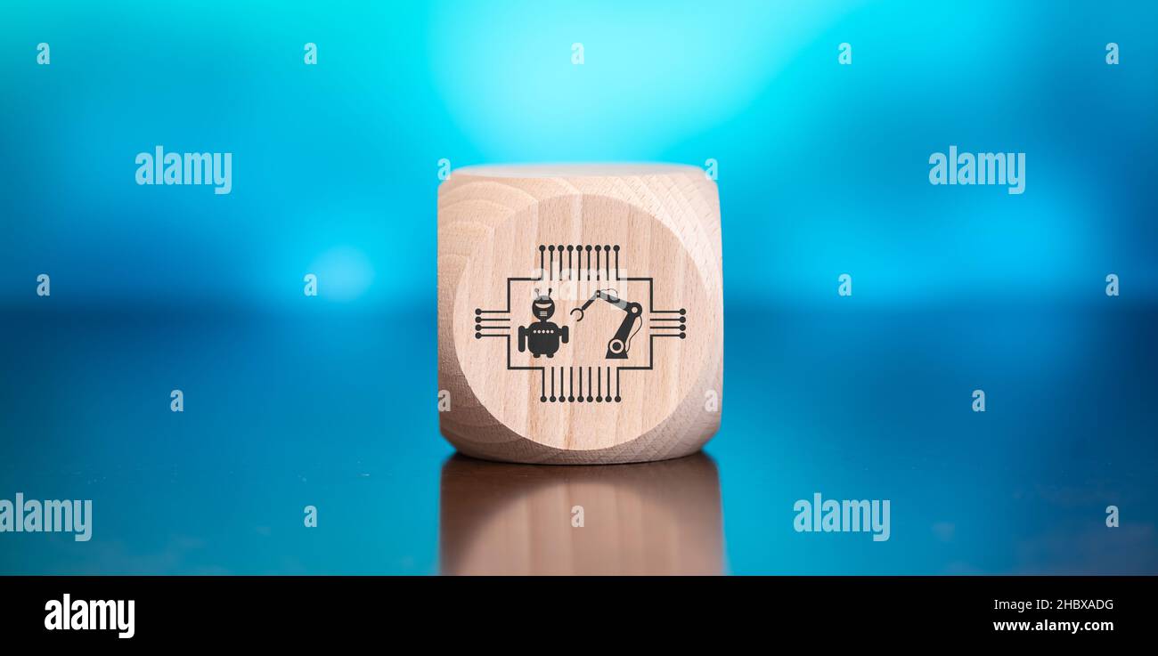 Wooden block with symbol of digital disruption concept on blue ...