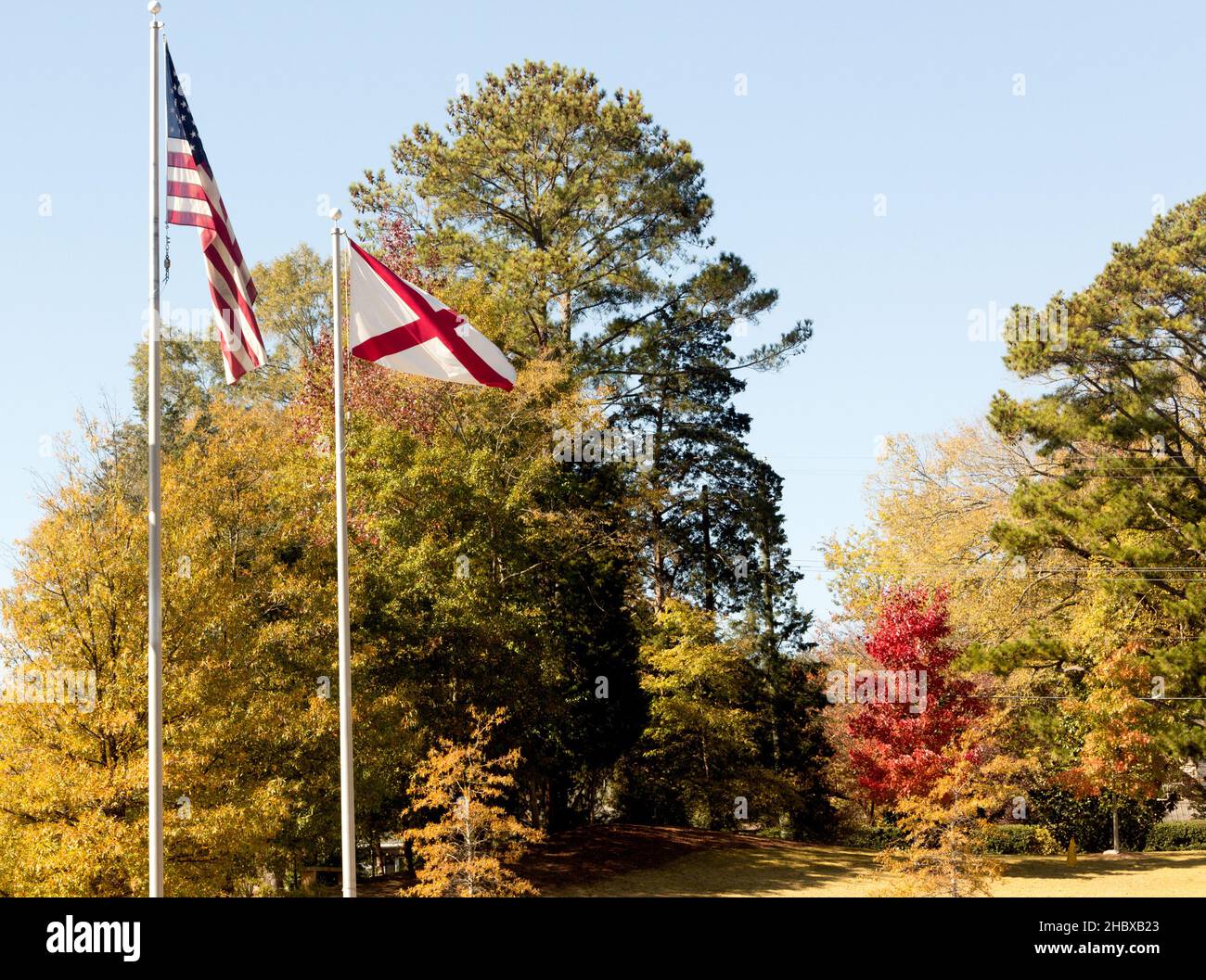 The waving American and Saint Patrick's Saltire flags under a blue sky ...