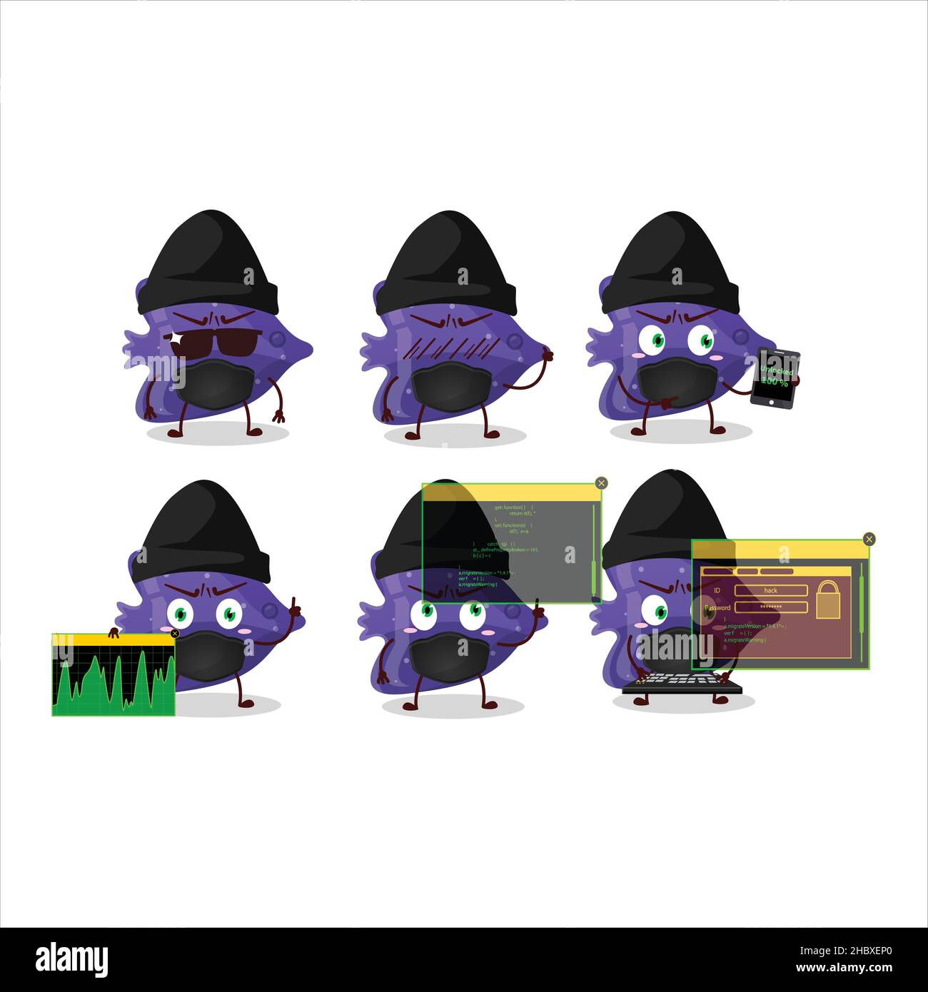 A Hacker fish purple gummy candy character mascot with. Vector ...