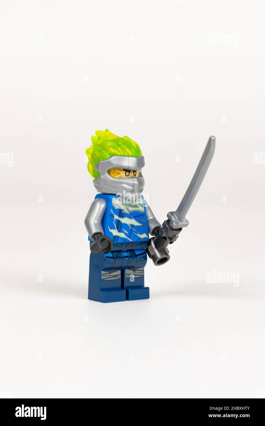 Yekaterinburg. Russia. 04.08.2021. Toy hero Jay in a blue kimono with a ...