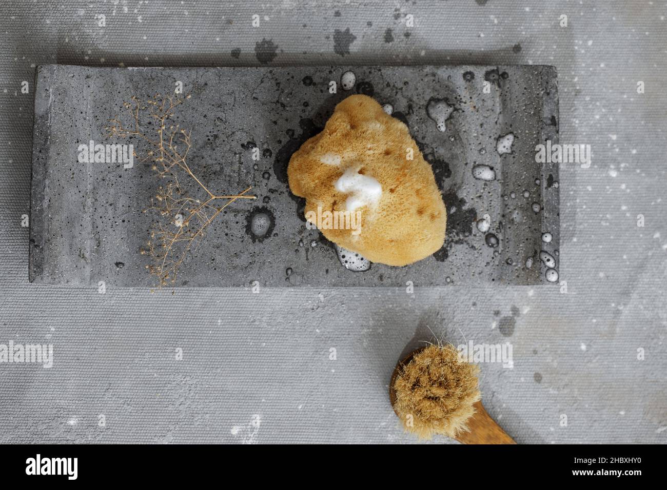 Organic sea sponge with soap foam on grey concrete tray and face brush ...