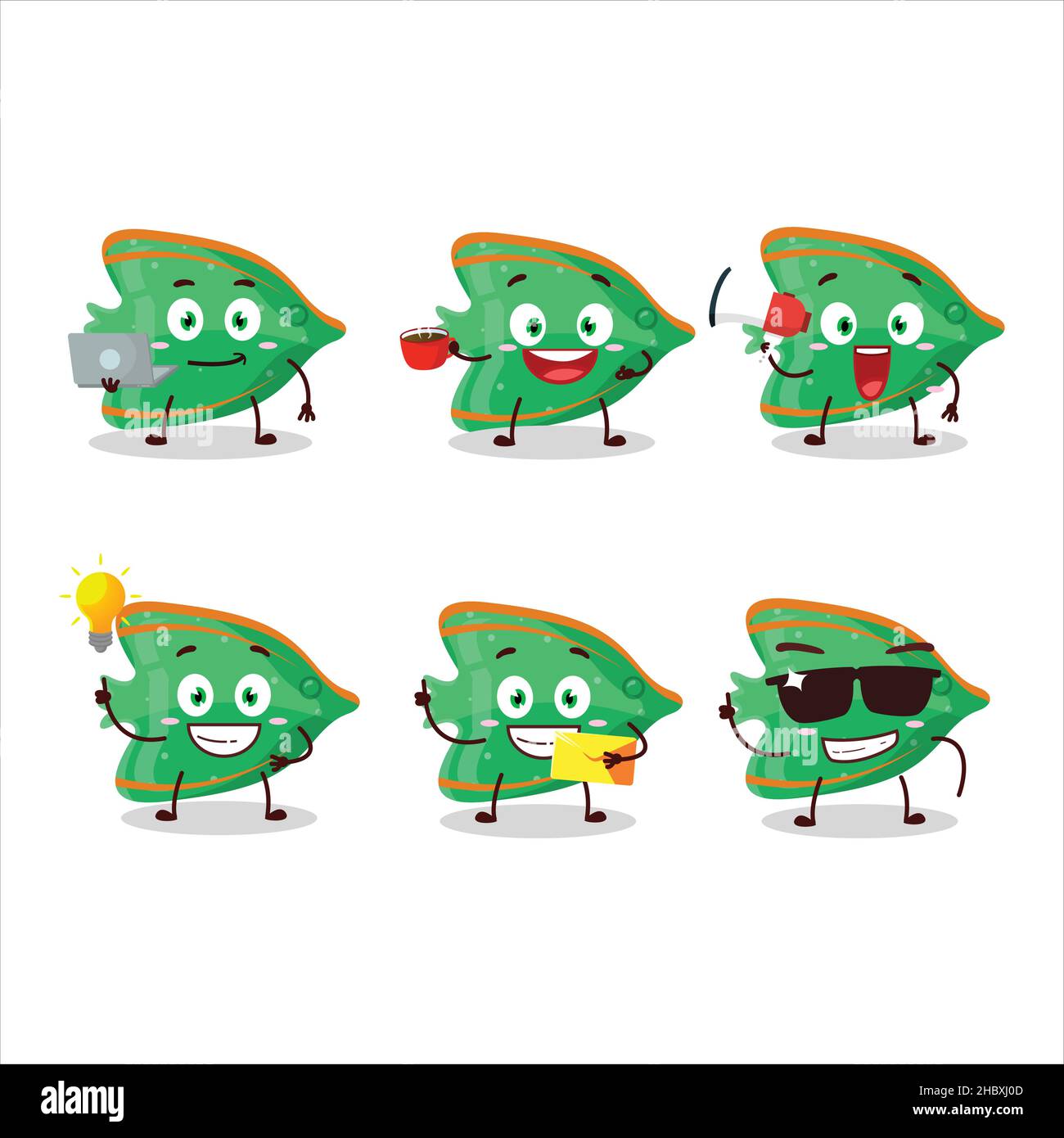 Fish green gummy candy cartoon character with various types of business ...