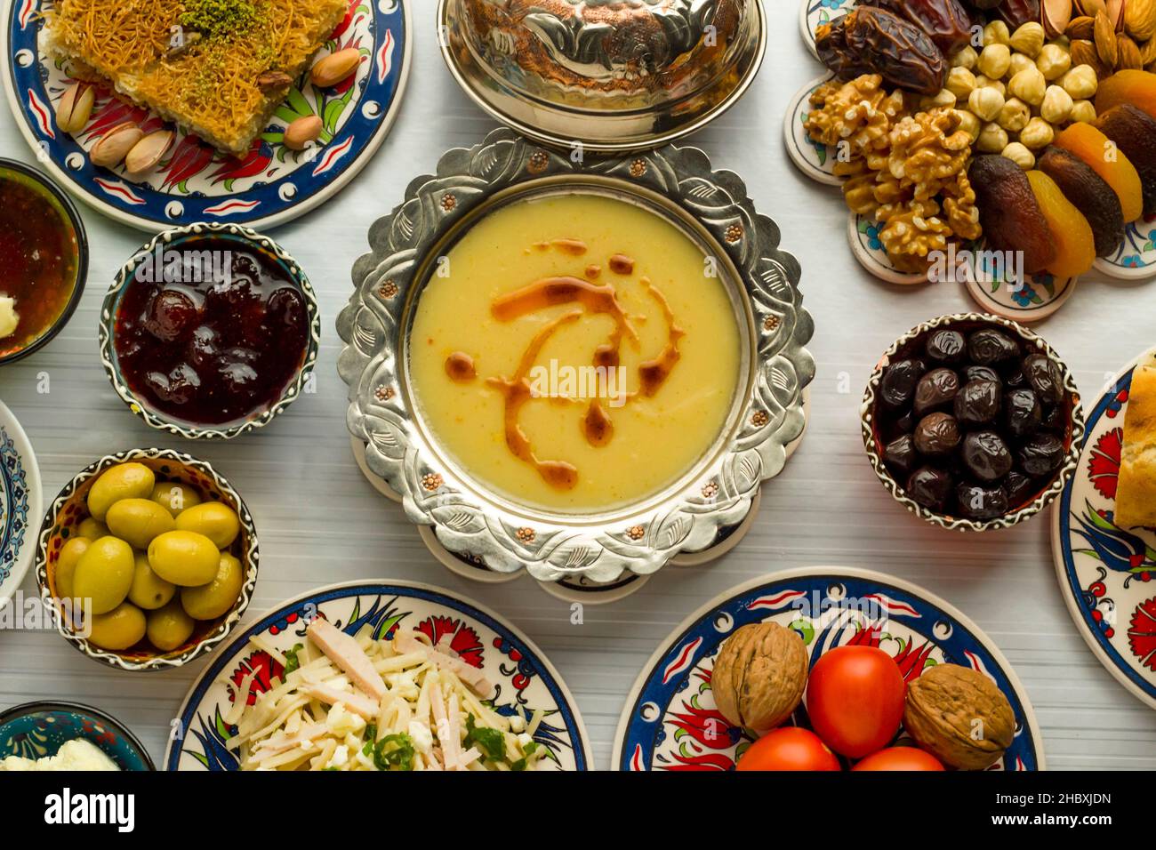 Traditional Turkish Ramadan,iftar meal table with lentil soup in ...