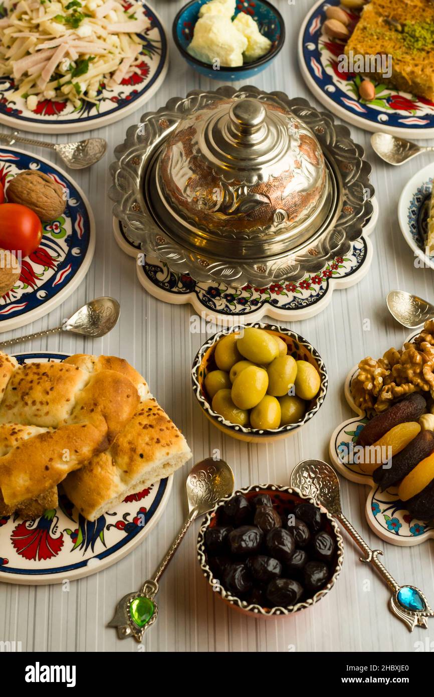 Traditional Turkish Ramadan,iftar meal table with lentil soup in ...