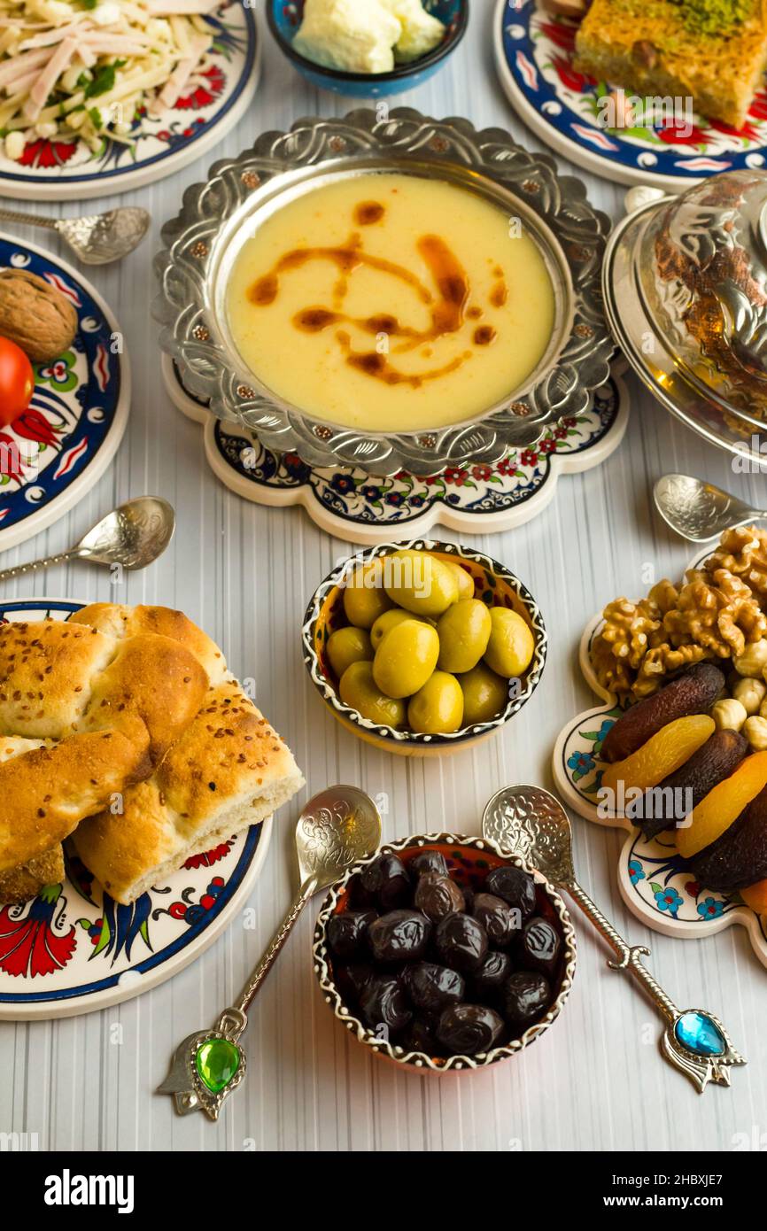 Traditional Turkish Ramadan,iftar meal table with lentil soup in ...