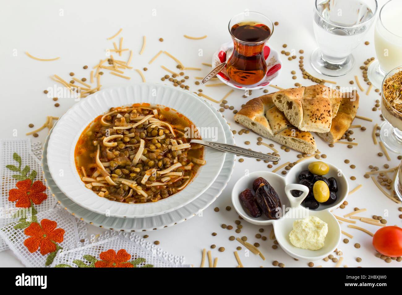 Traditional Turkish Ramadan-Iftar Meal is with green lentil soup,sliced ...