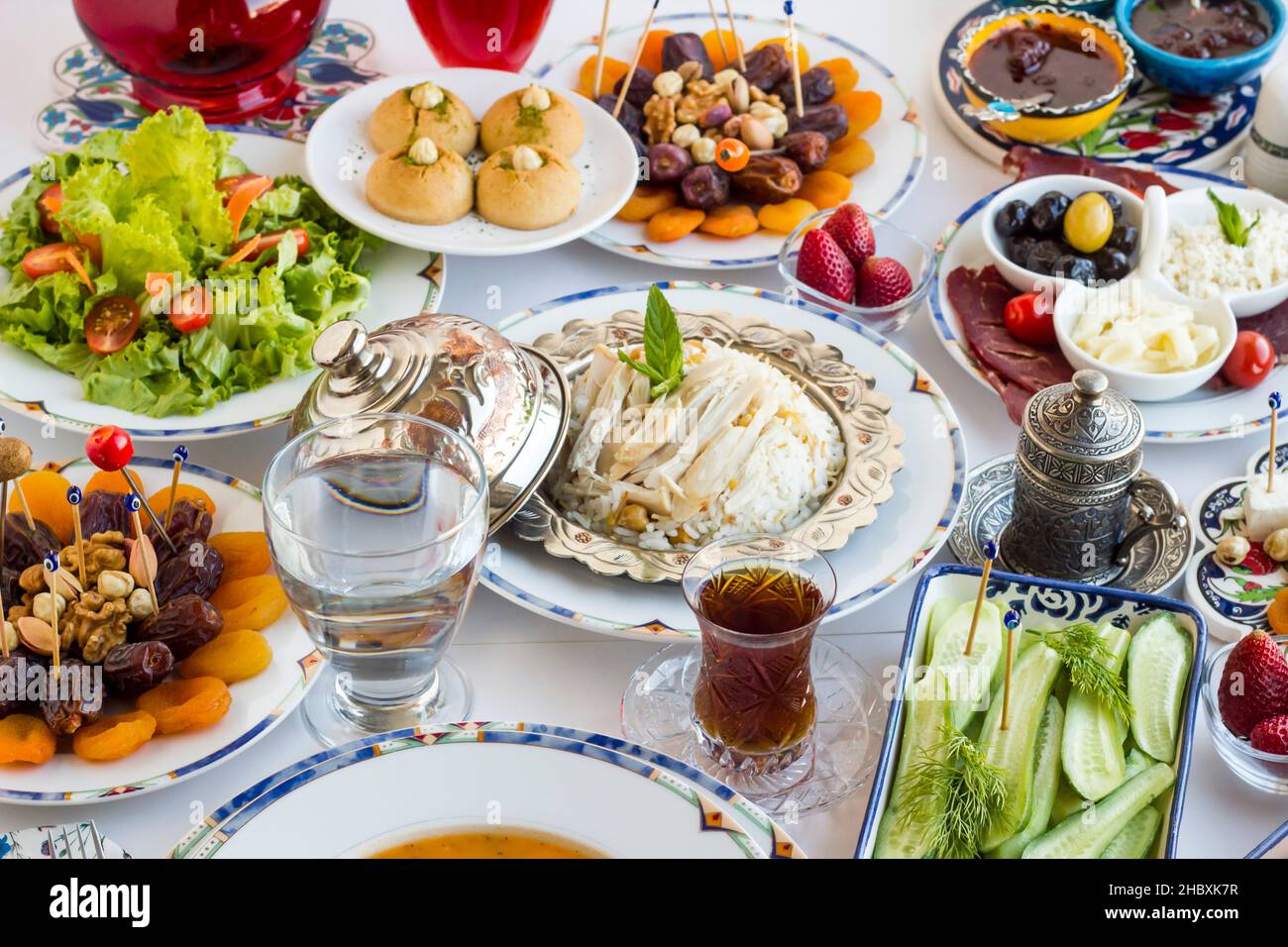Traditional Ramadan Dinner Table with iftar large menu.Conceptual image ...