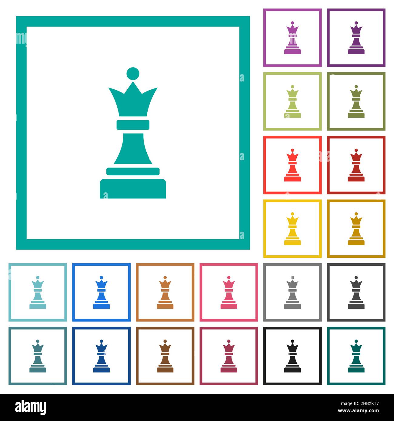 Black chess queen flat color icons with quadrant frames on white ...