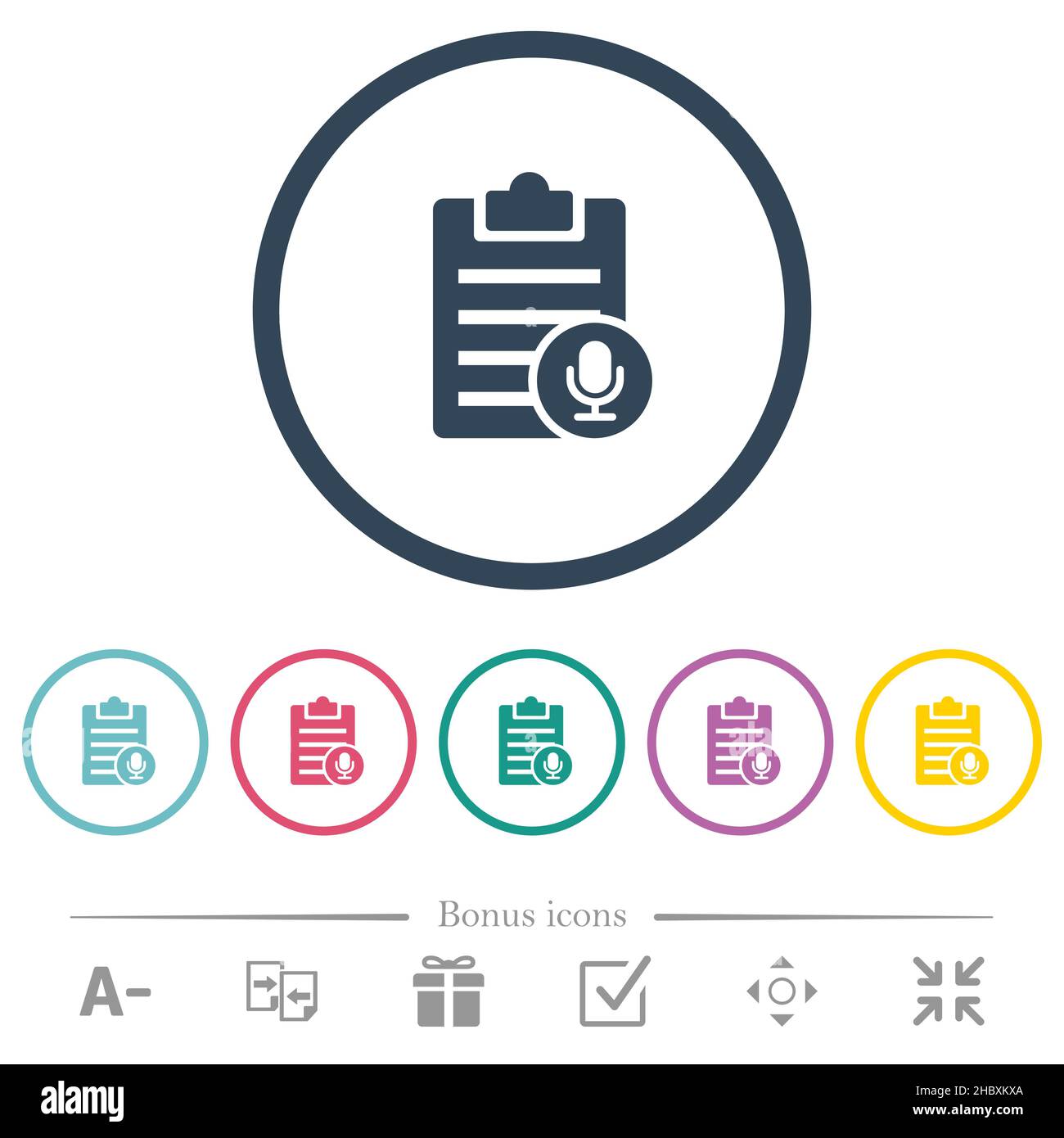 Voice note flat color icons in round outlines. 6 bonus icons included ...