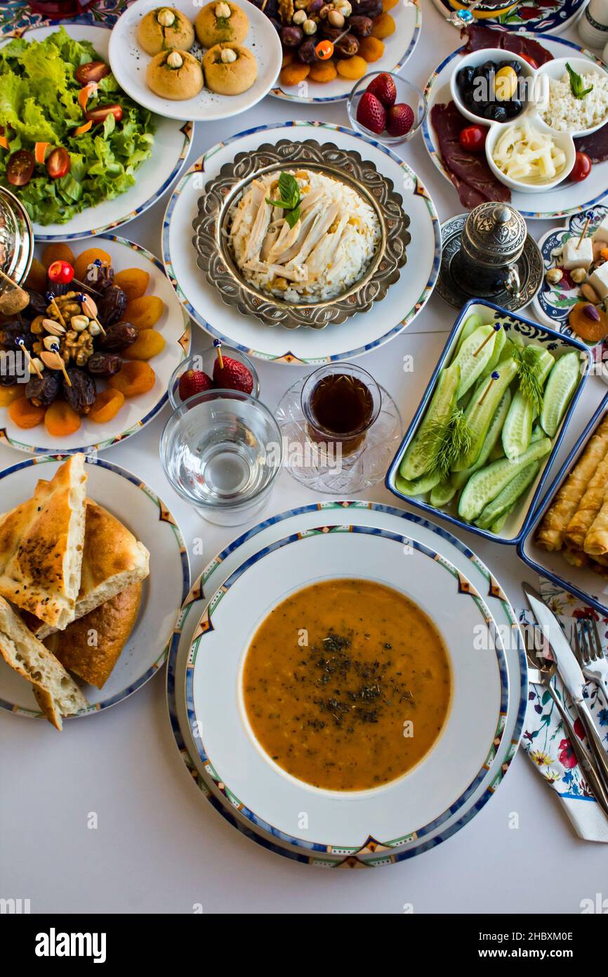 Traditional Ramadan Dinner Table with iftar large menu.Conceptual image ...