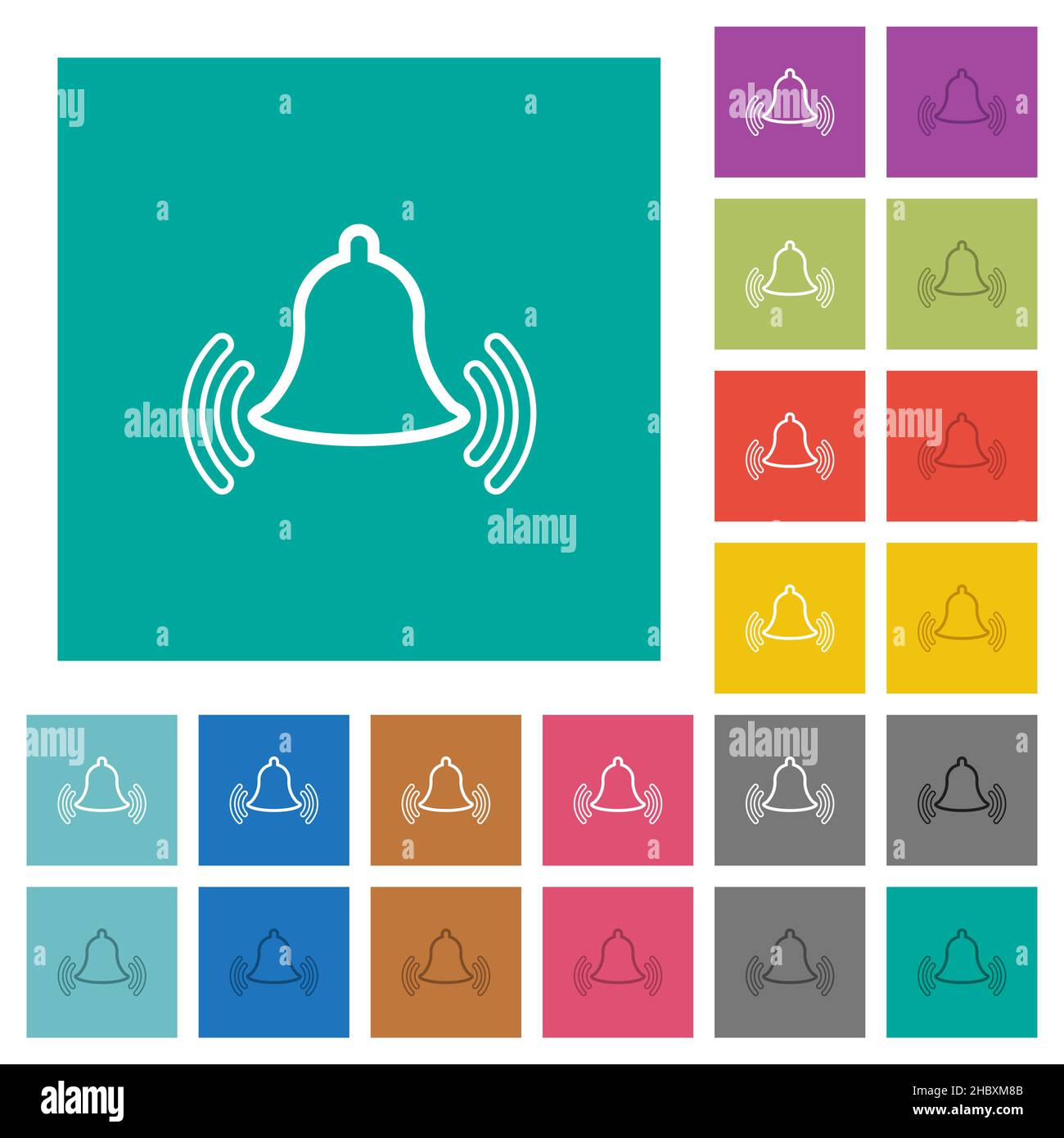 Ringing bell outline multi colored flat icons on plain square ...
