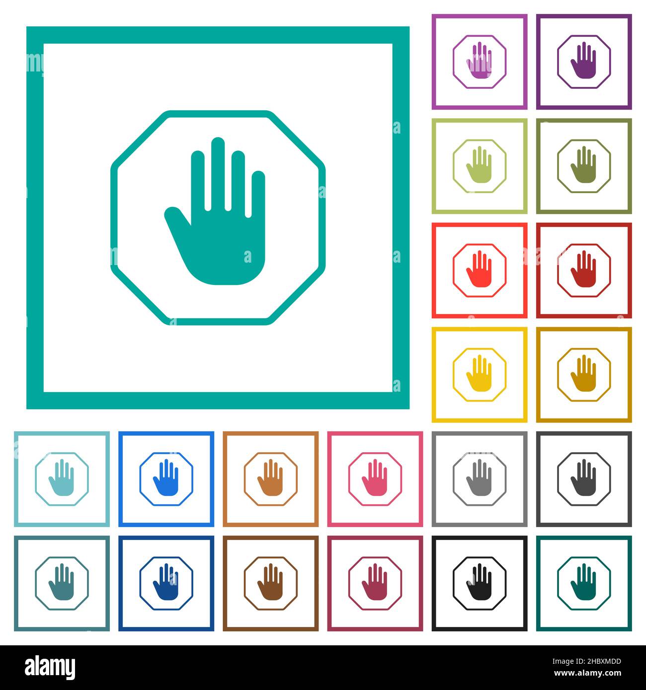 Octagon shaped stop sign outline flat color icons with quadrant frames ...