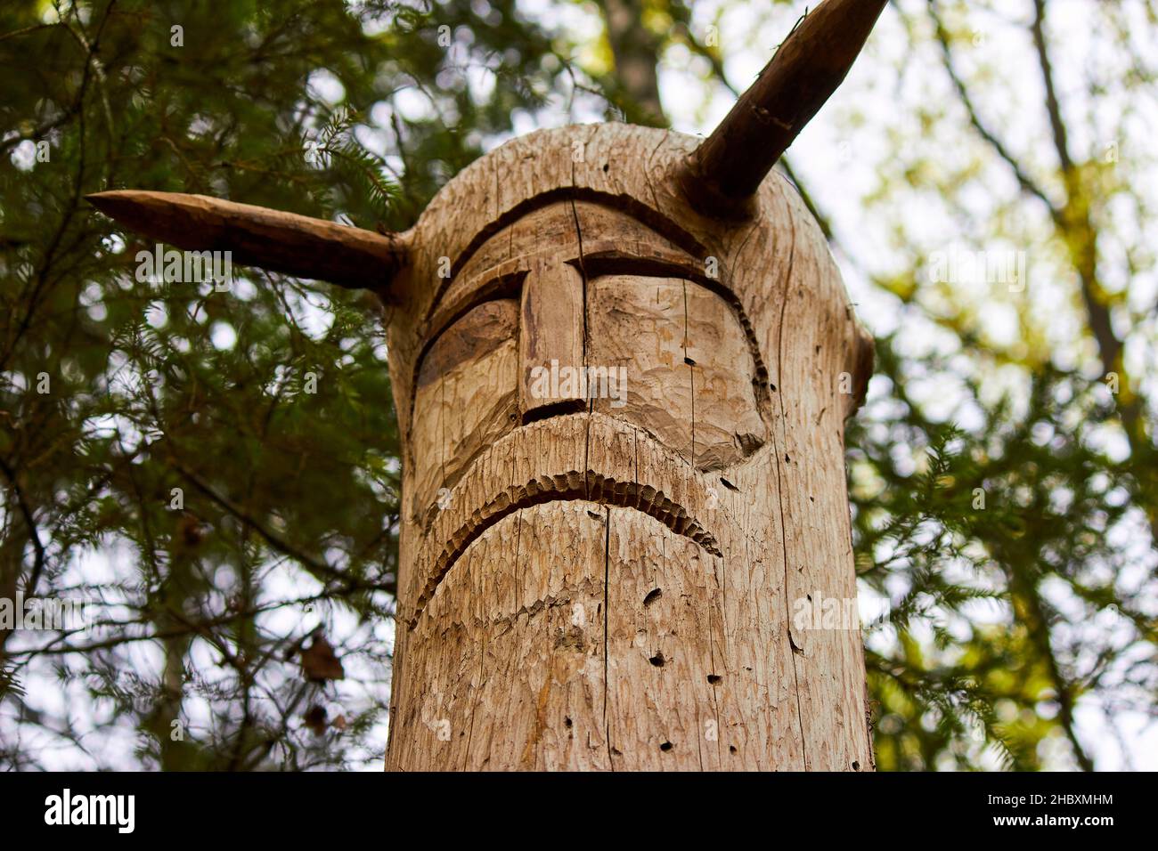The image of the Slavic deity Veles carved from a tree trunk on a neo ...