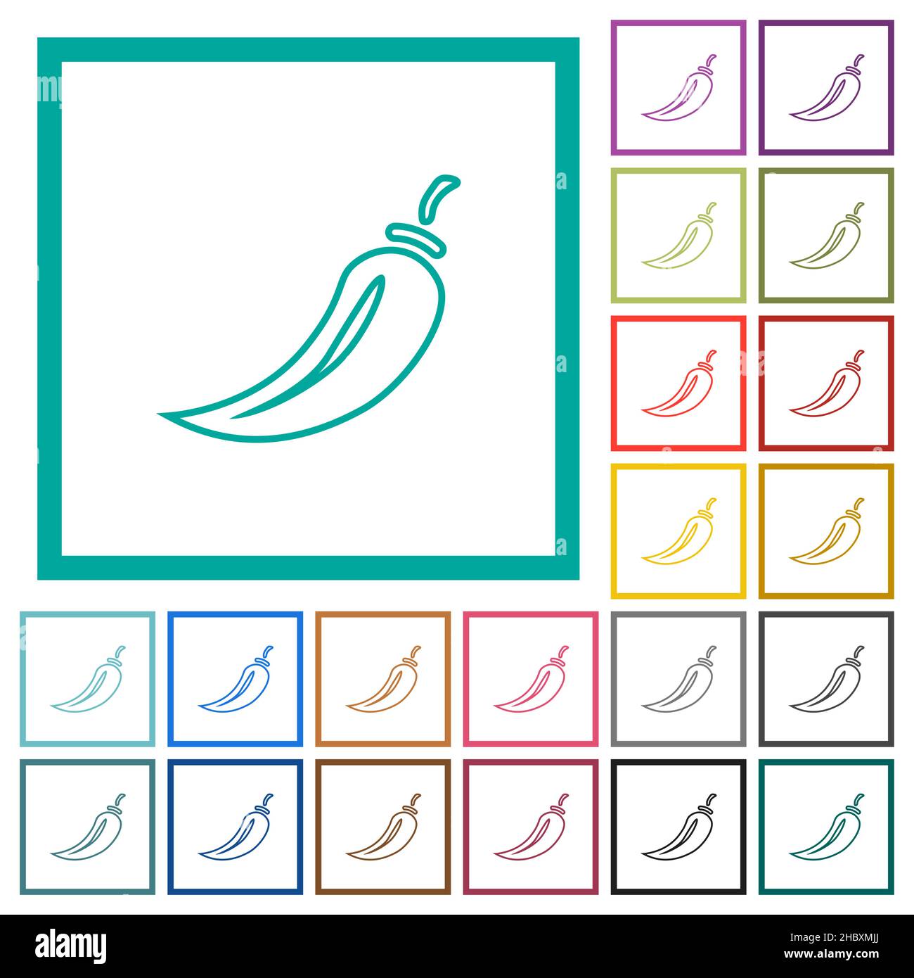 Chili pepper outline flat color icons with quadrant frames on white ...
