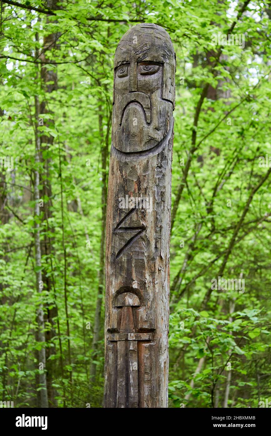 The image of the Slavic deity Veles carved from a tree trunk on a neo ...