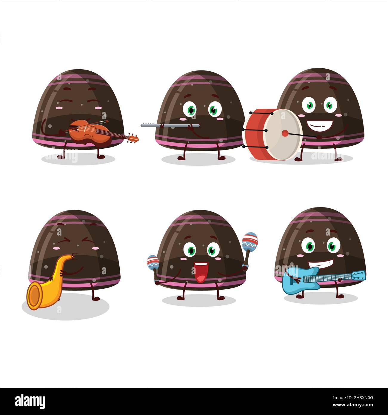 Cartoon character of chocolate jelly gummy candy playing some musical ...