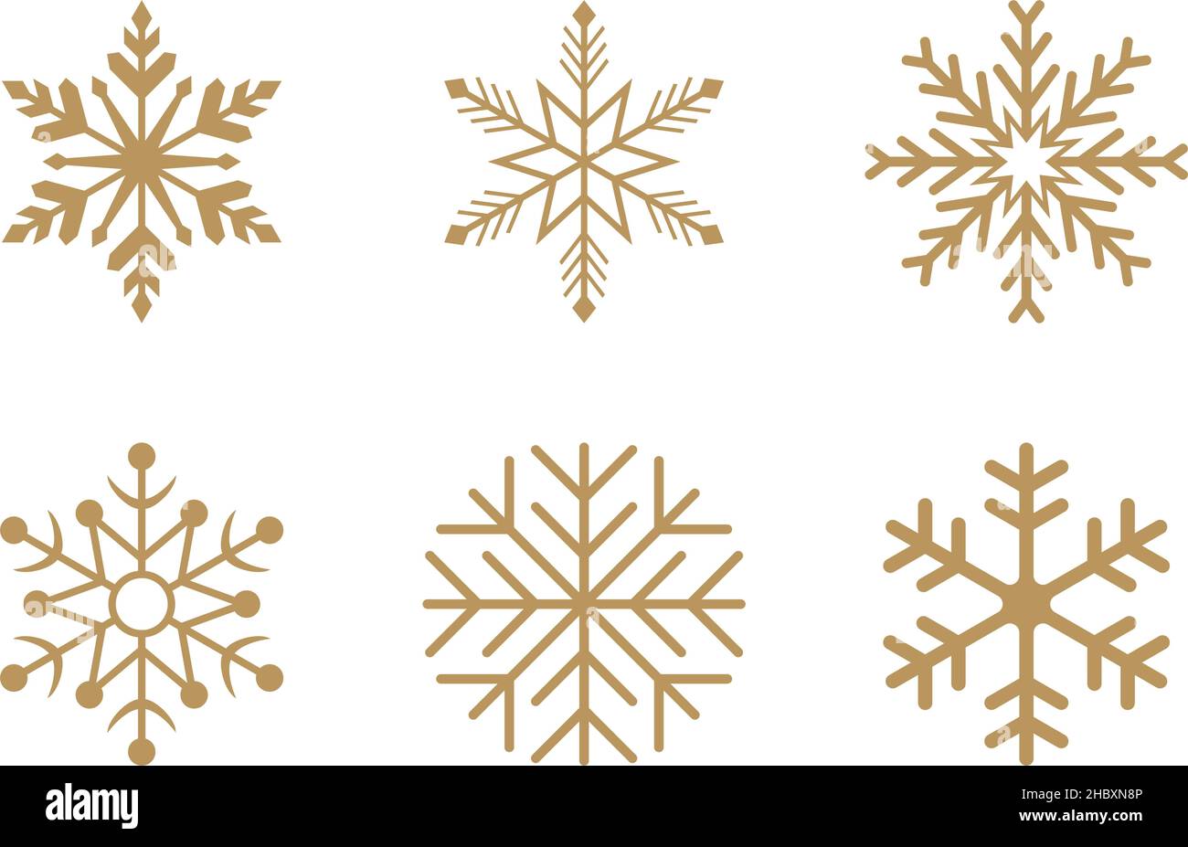 Gold frosty abstract snowflake symbols set on white background. Fine ...