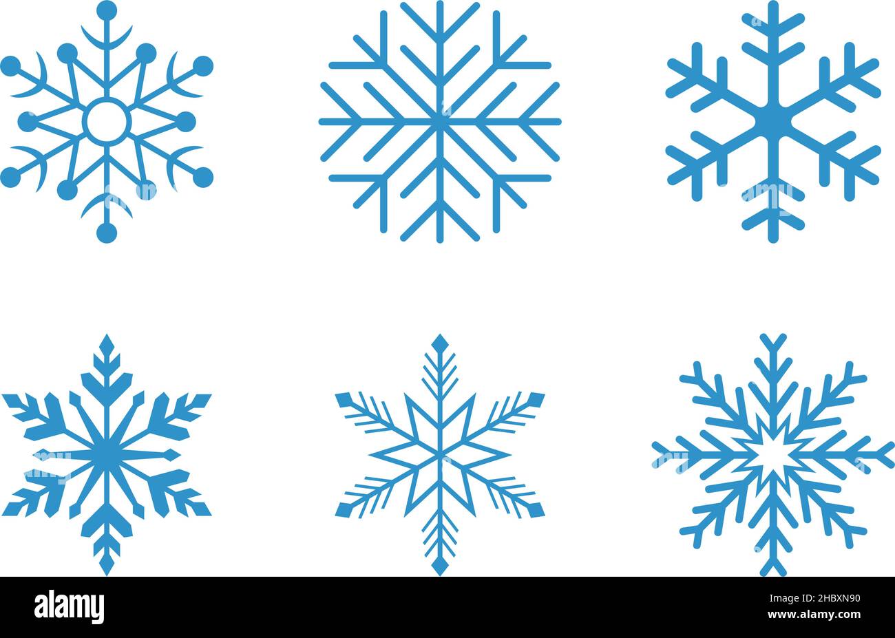 Ice blue frosty abstract snowflake symbols set on white background ...