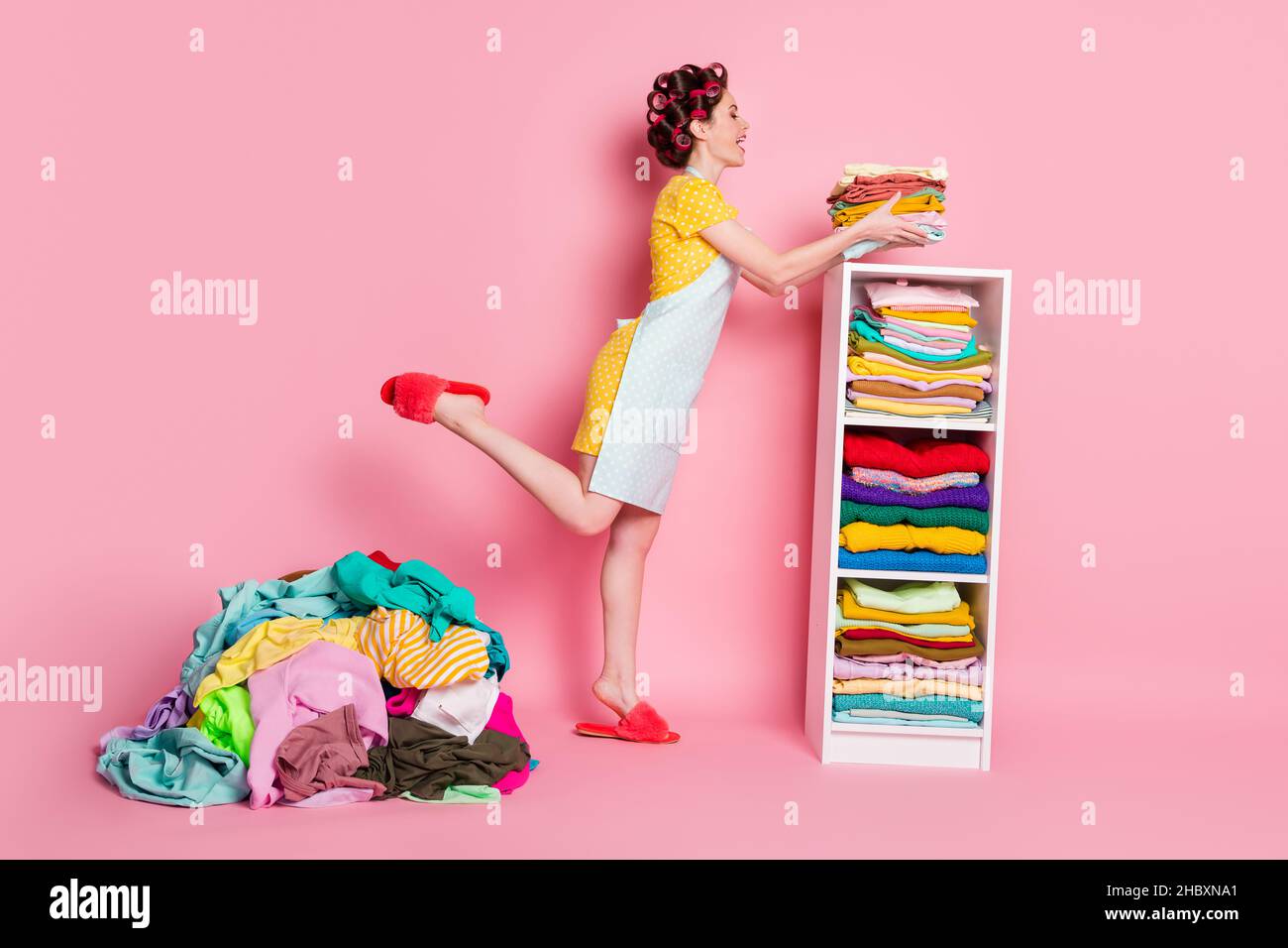 Full size profile side photo girl put pile heap clothes closet wear ...