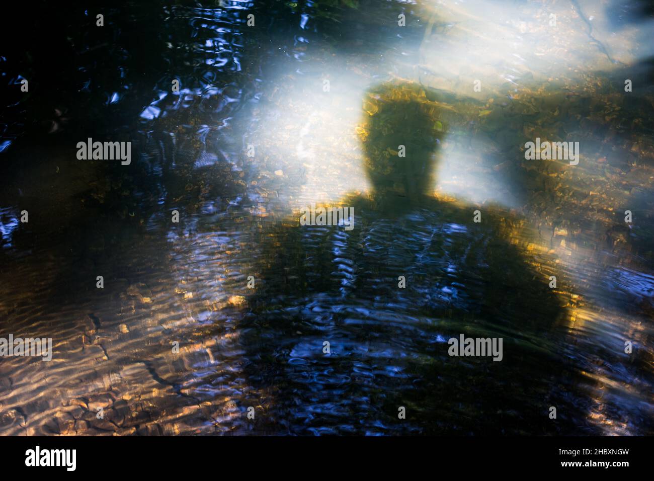 Shadow of a man on the water, black silhouette and water ripple of a ...
