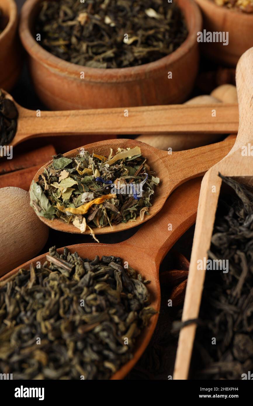 Concept of cooking tea with different types of tea, close up Stock ...