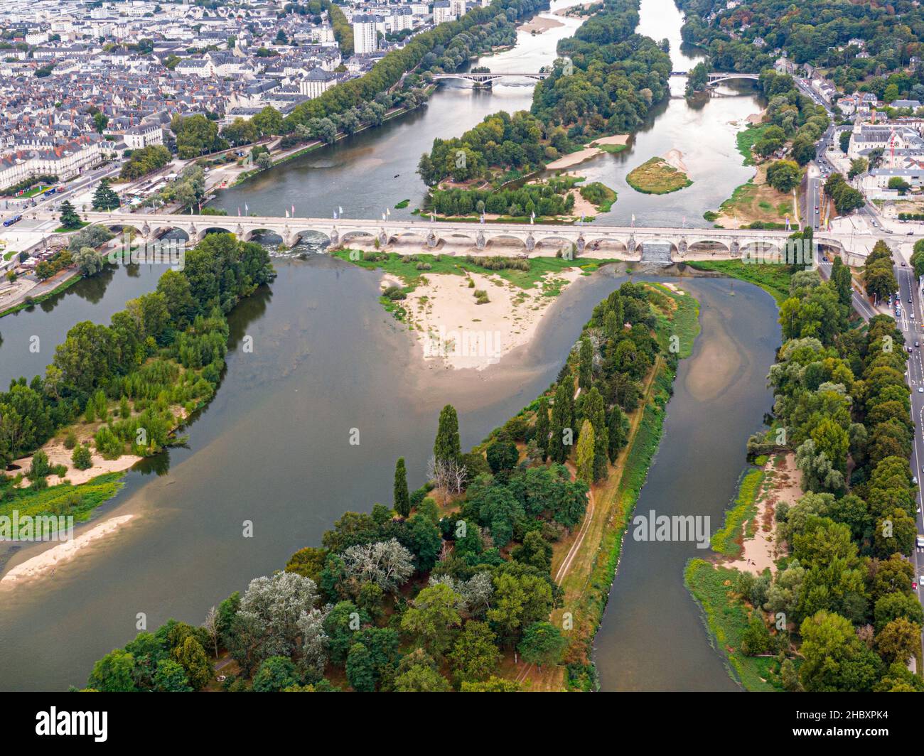 Aerial view of Tours, Bridge Napoleon, bridge Wilson crossing the river ...
