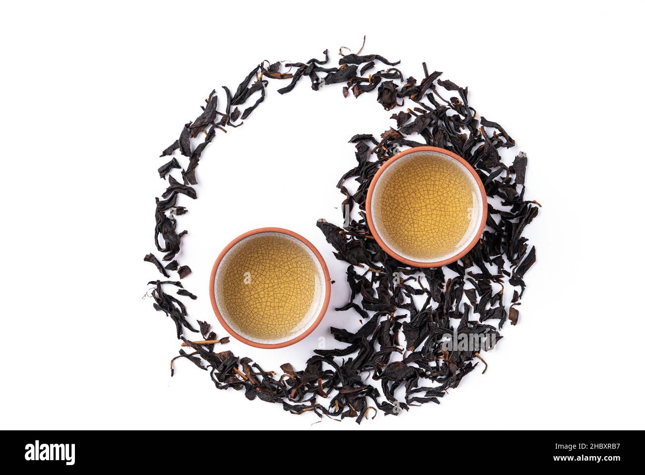 Top view of fresh black tea with kettle teapot and leaves in Taiwan ...