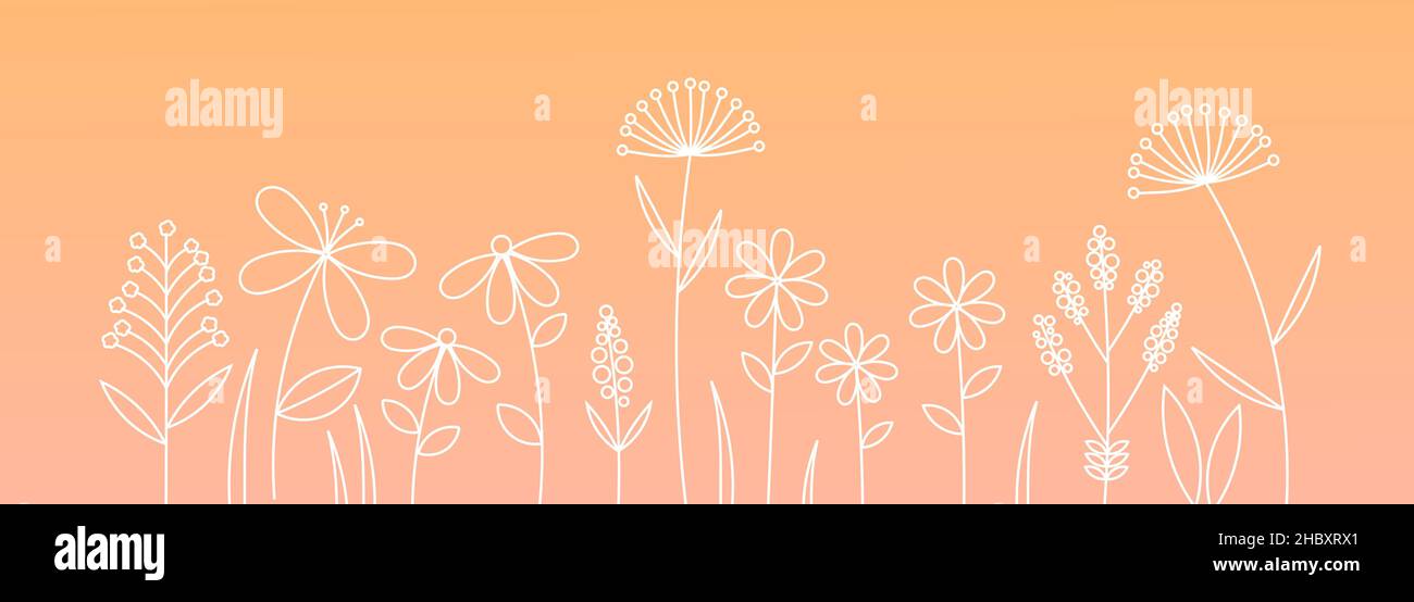 Flowers meadow, outline shapes on pink pastel background. Vector ...