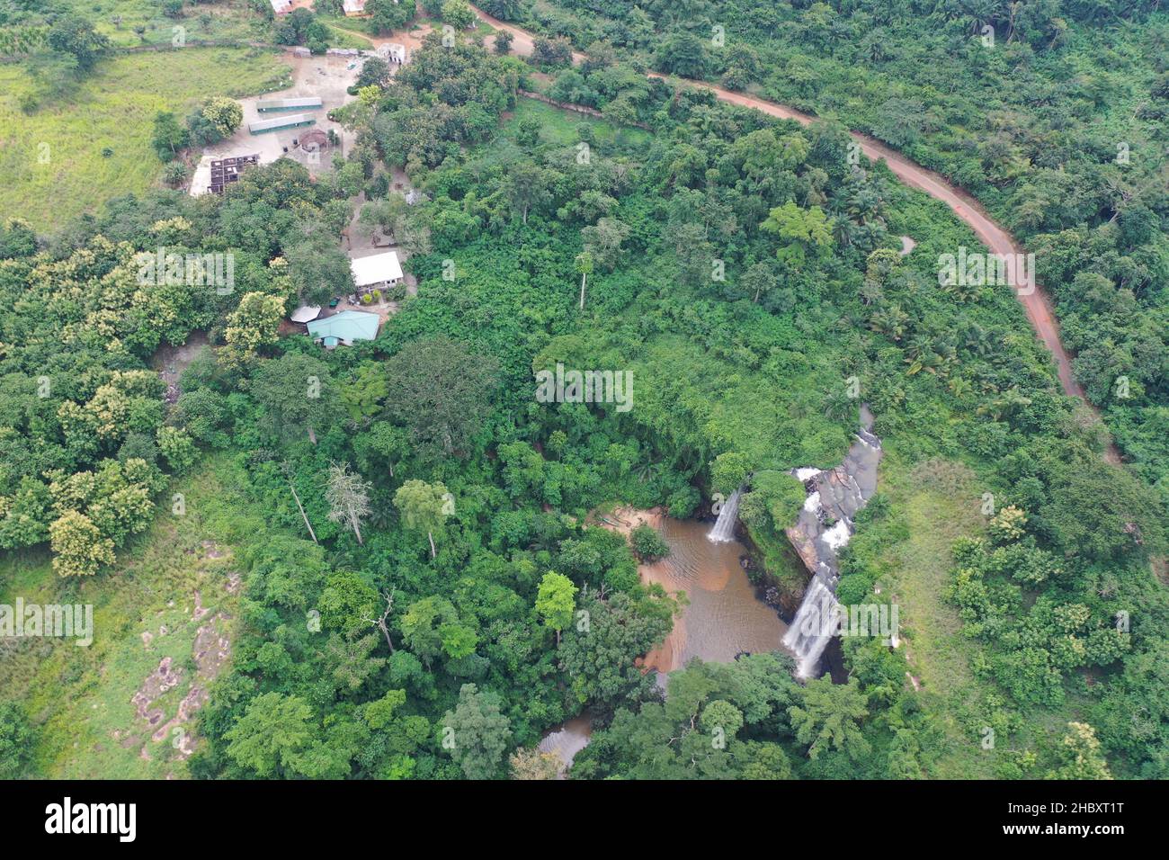 An aerial shot of some waterfalls in a forest in Ghana Stock Photo - Alamy