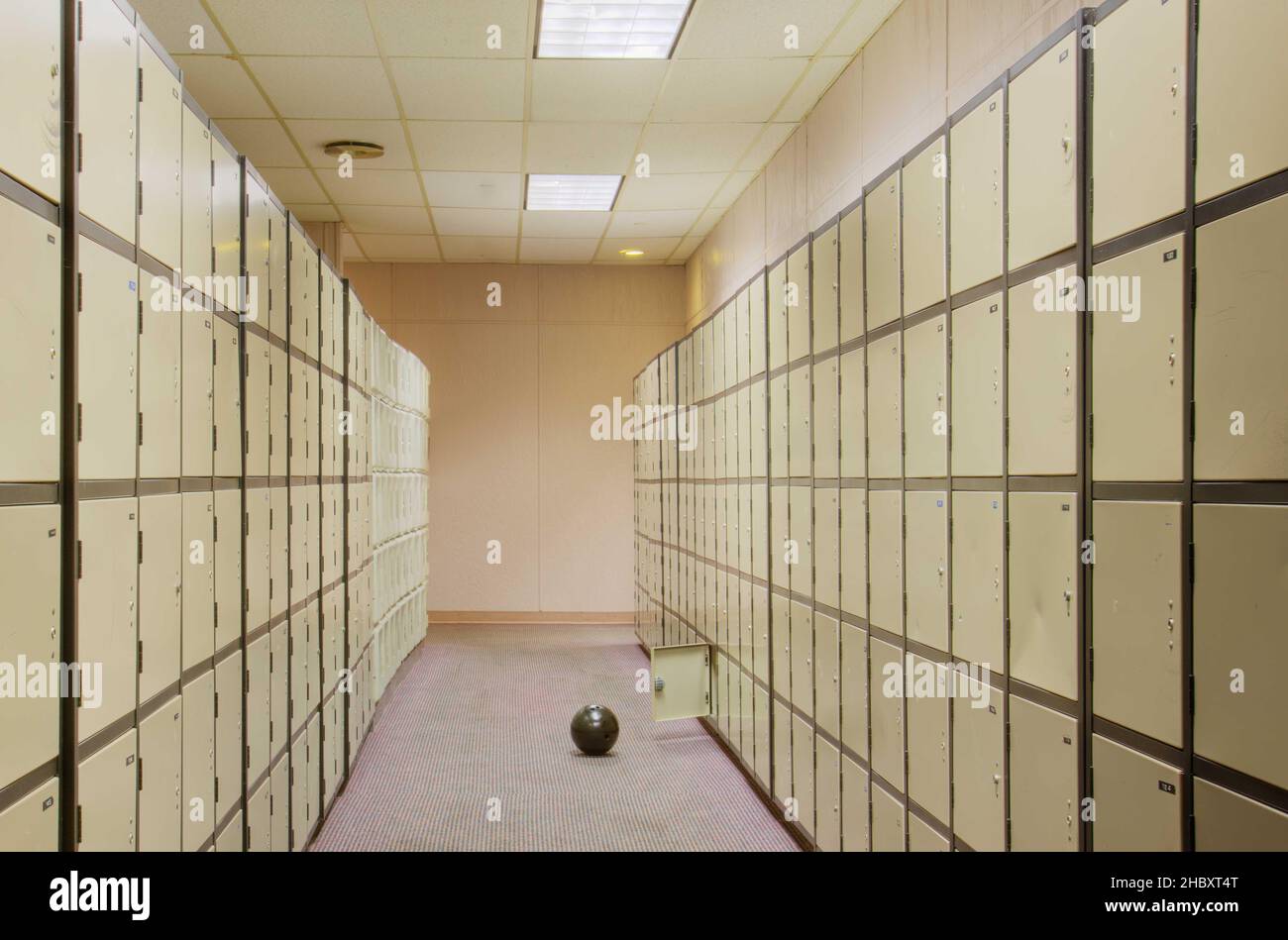 Empty locker room, gym facilities, lockers and sports ball Stock Photo ...