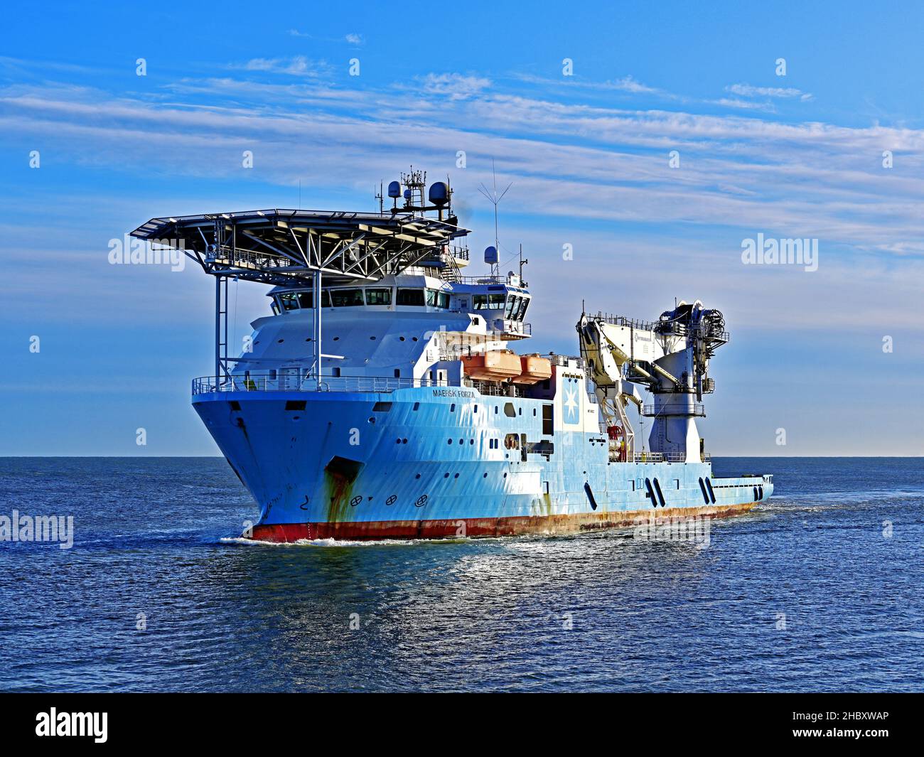 The Maersk Forza oil rig wind turbine support ship in the North Sea off ...