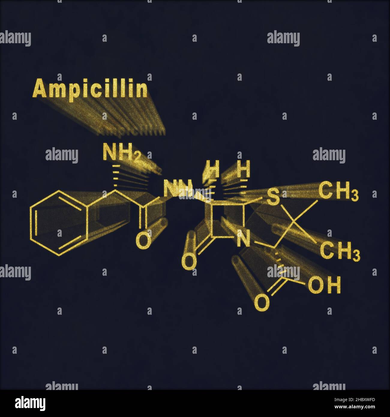 Ampicillin, antibiotic drug, Structural chemical formula gold on dark ...