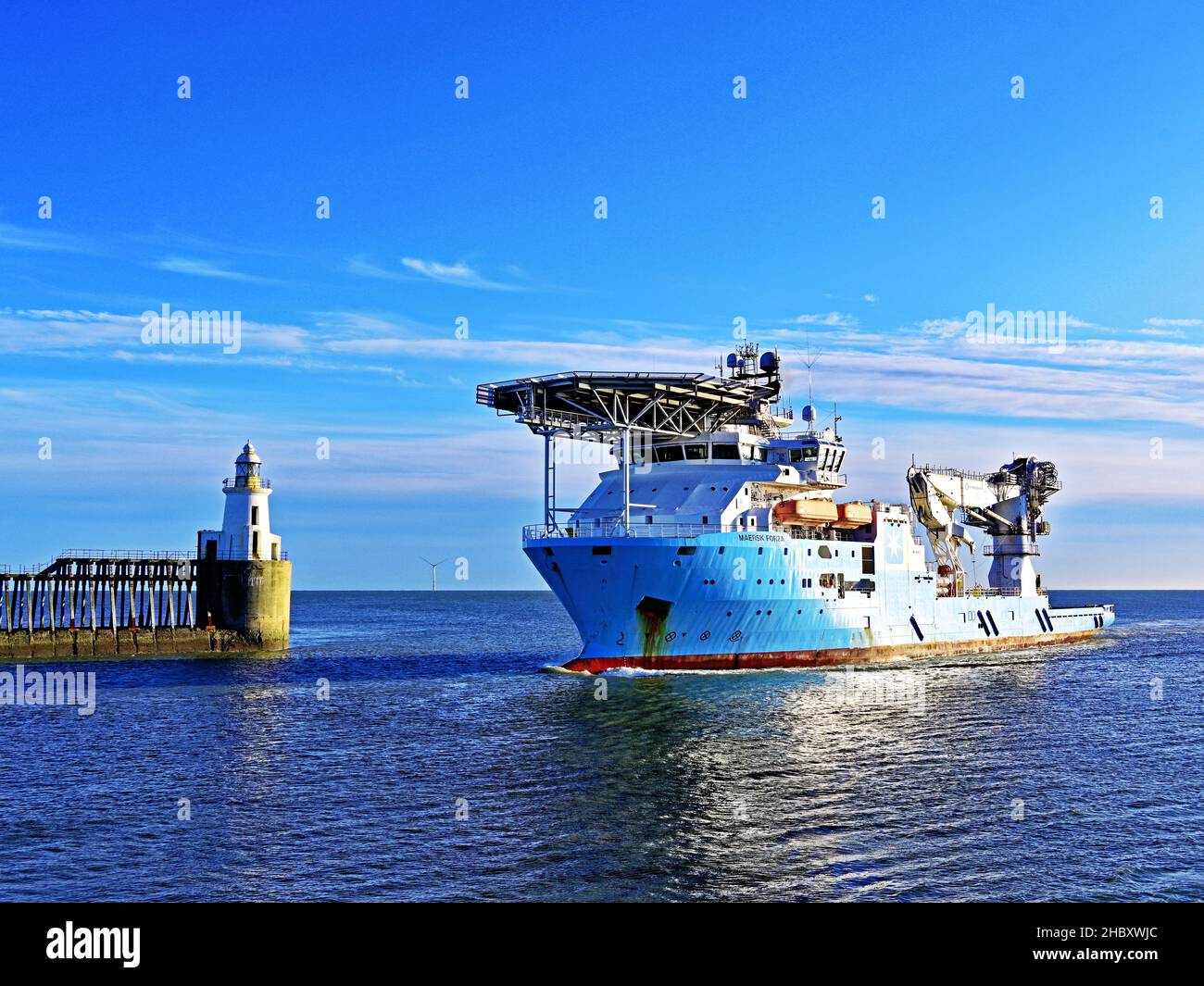 The Maersk Forza oil rig wind turbine support ship in the North Sea ...