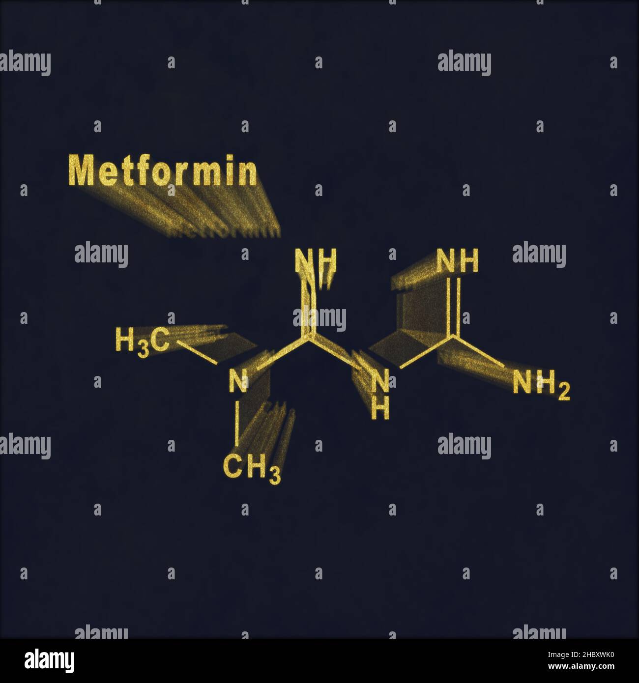 Metformin diabetes drug, Structural chemical formula gold on dark ...