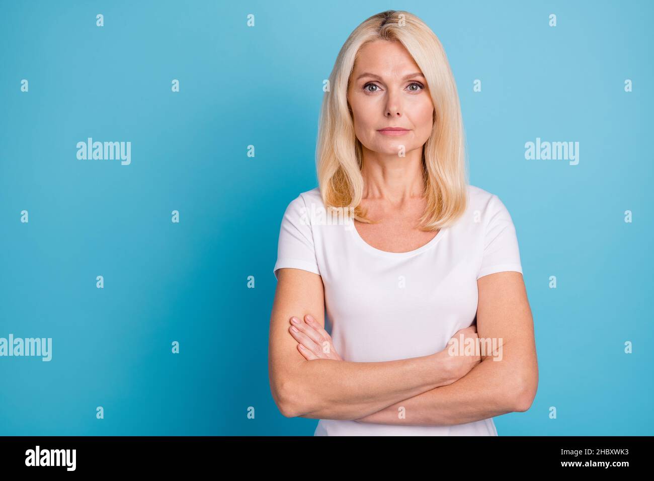 Photo of serious smart old lady cross hands wear good look clothes ...