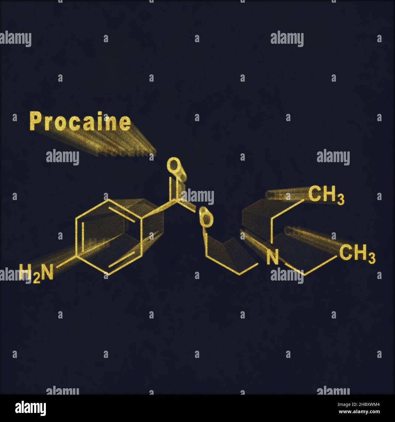 Procaine, anesthetic drug, Structural chemical formula gold on dark ...